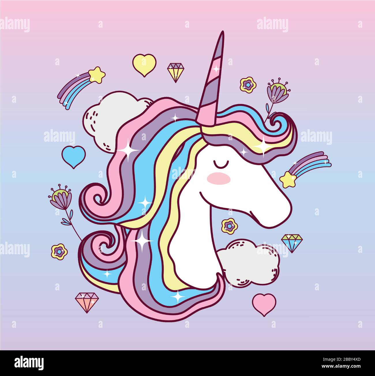 unicorn horse cartoon with clouds and hearts design, magic fantasy ...