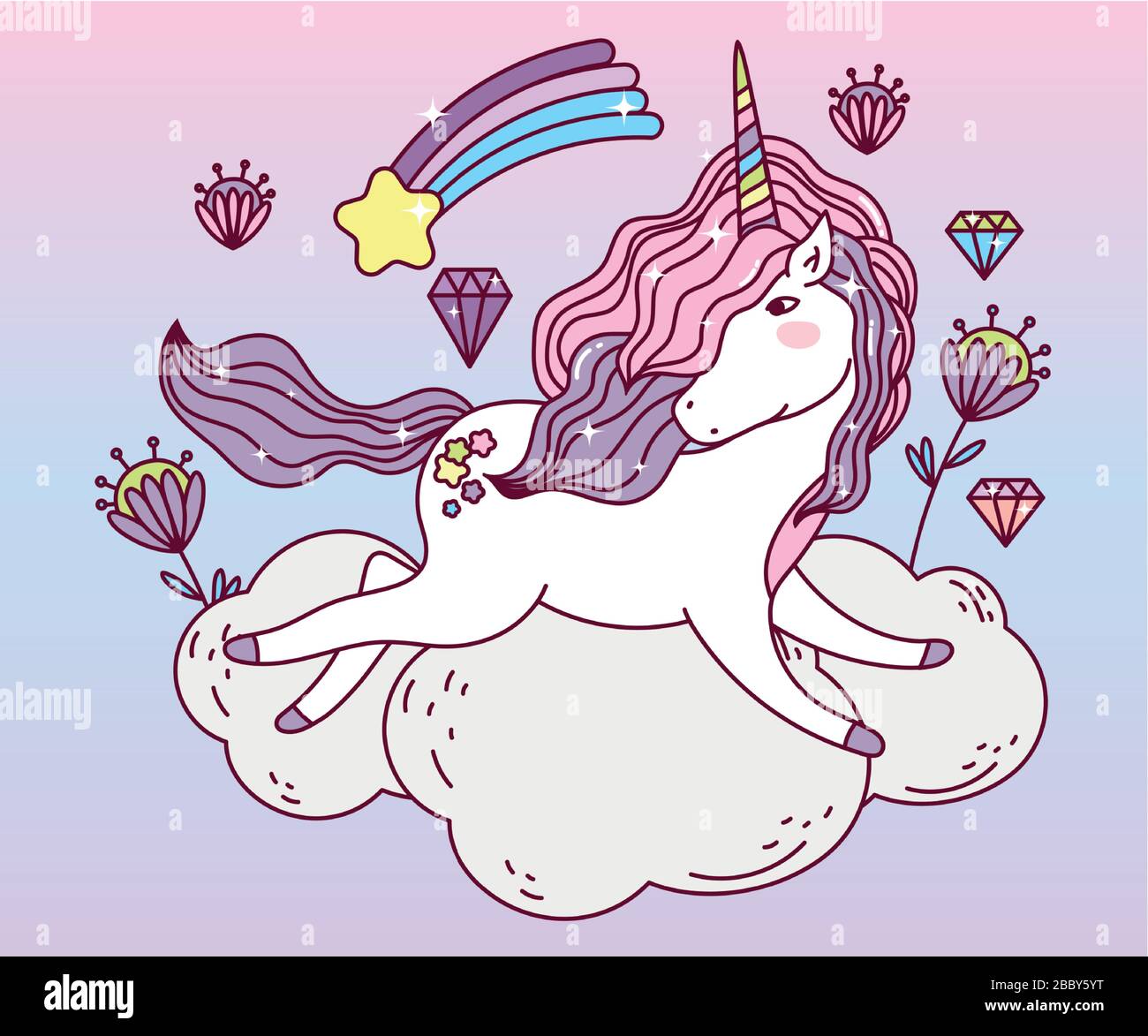 unicorn horse cartoon over cloud design, magic fantasy fairytale ...