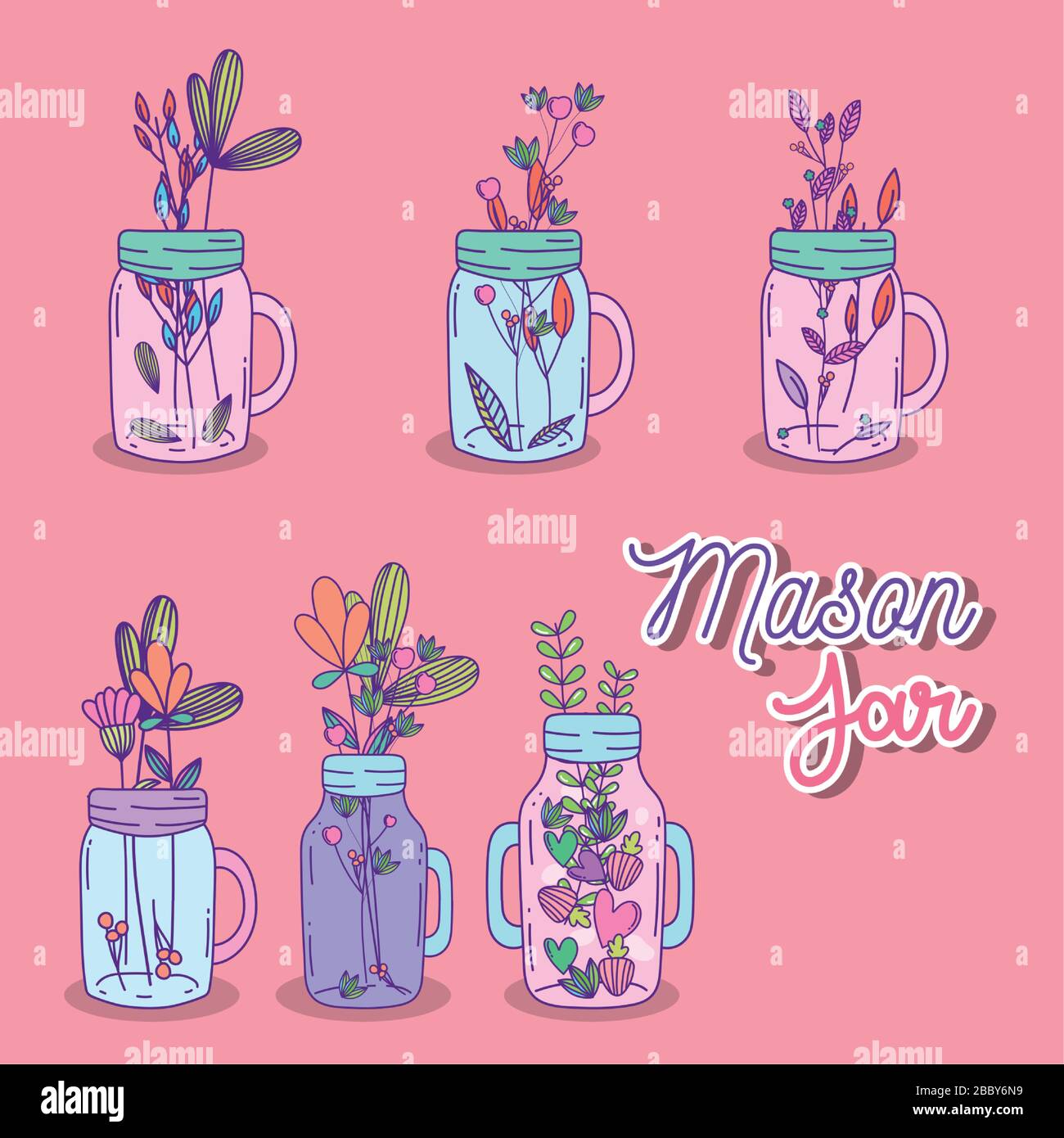 Mason jar with flowers and leaves set design, Retro vintage decoration ...