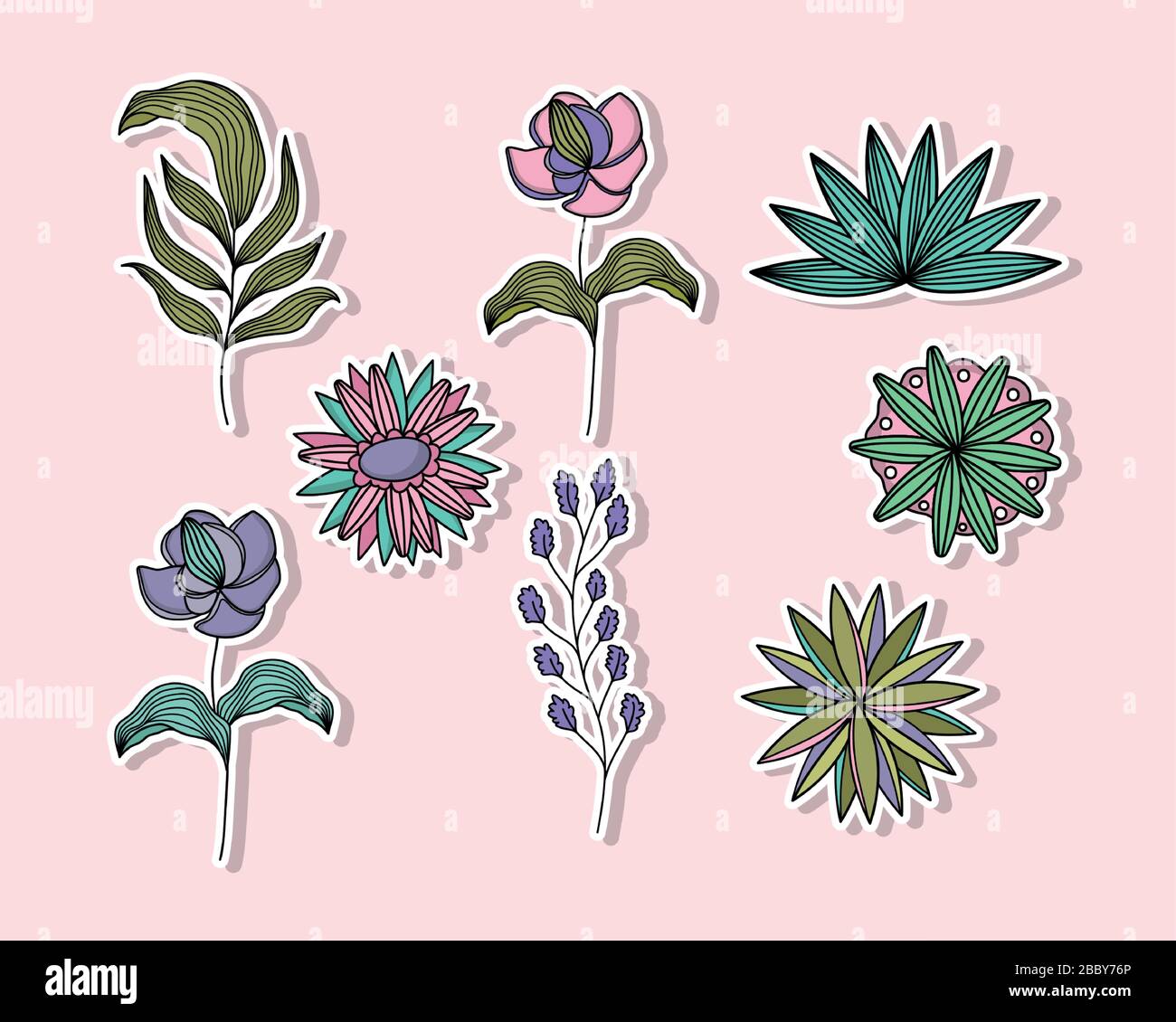 Botanical leaves stickers set design of Floral nature plant garden ...