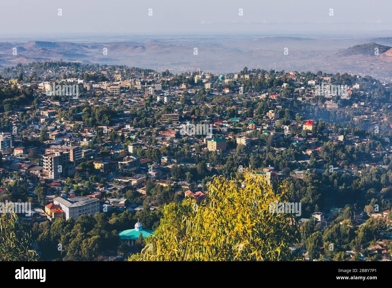 aerial view of city Gondar with Fasil Ghebbi, Royal fortress-city ...