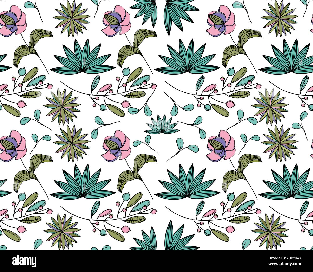 Botanical leaves and flowers background design of Floral nature plant ...