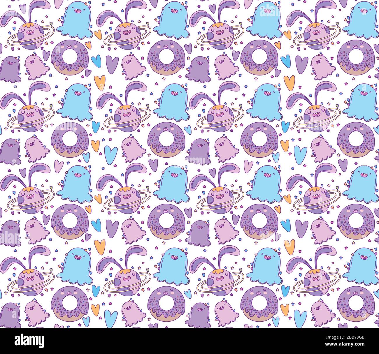 rabbits monsters and donuts cartoons background design, Kawaii ...