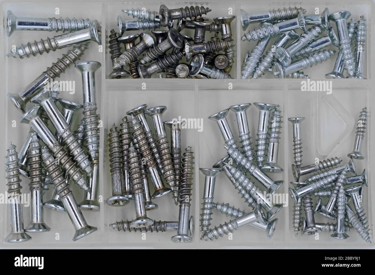 top view box of silver galvanized wood screws Stock Photo - Alamy
