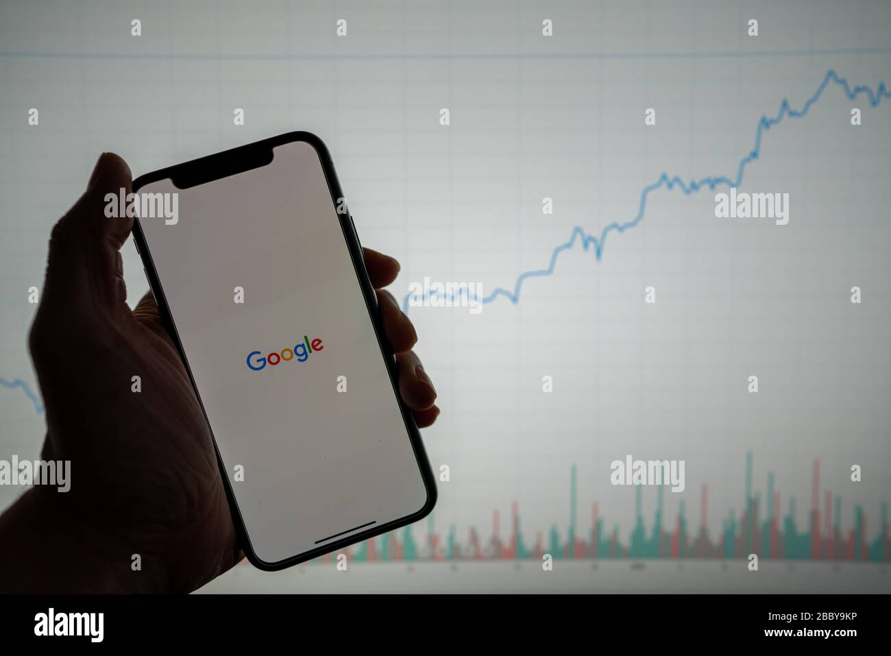 Google logo on phone with white financial stock chart with price rising ...