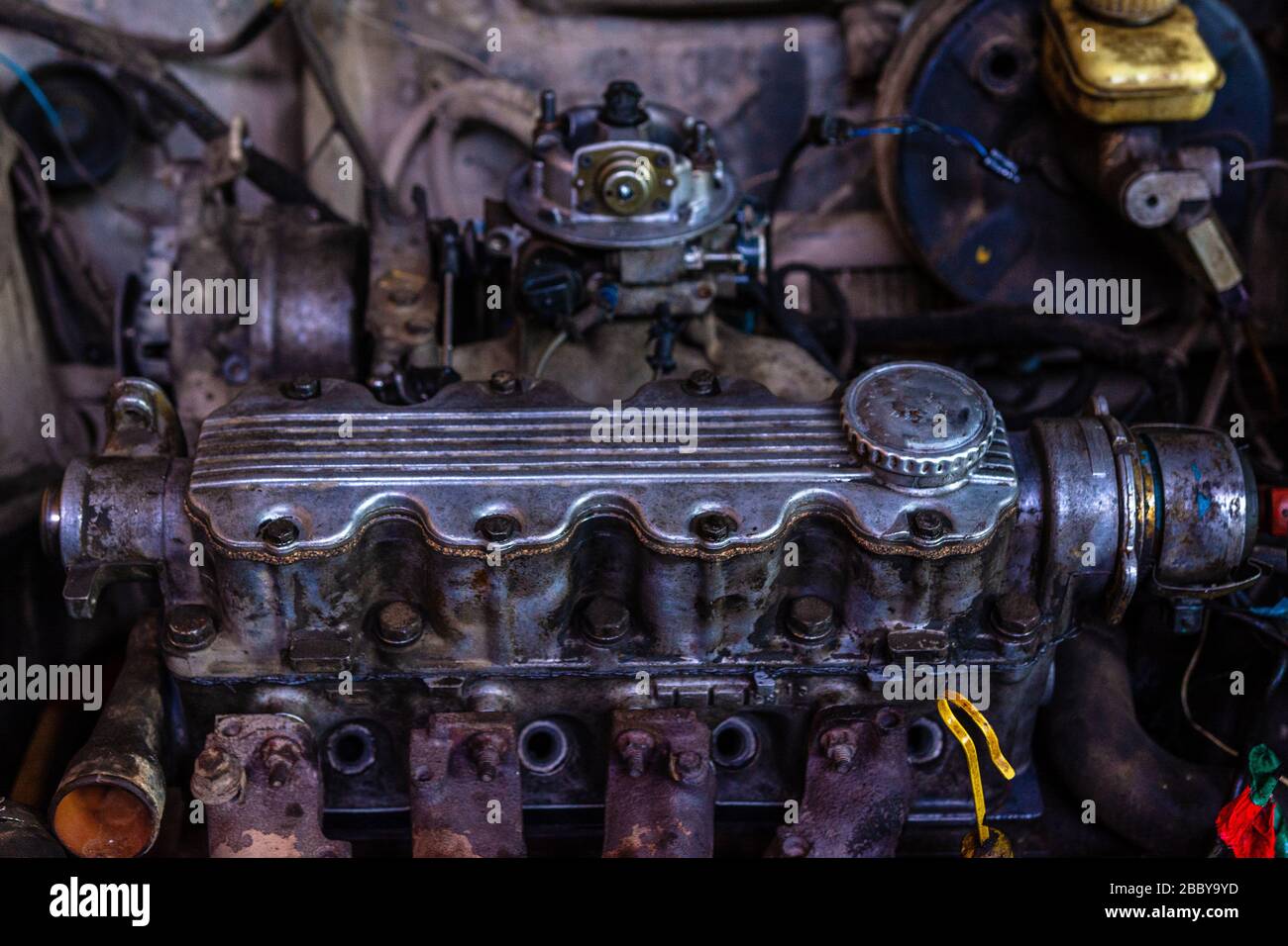 The modern engine of the European car is open for routine maintenance ...