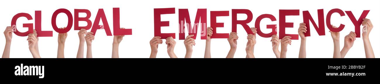 People Hands Holding Word Global Emergency, Isolated Background Stock ...