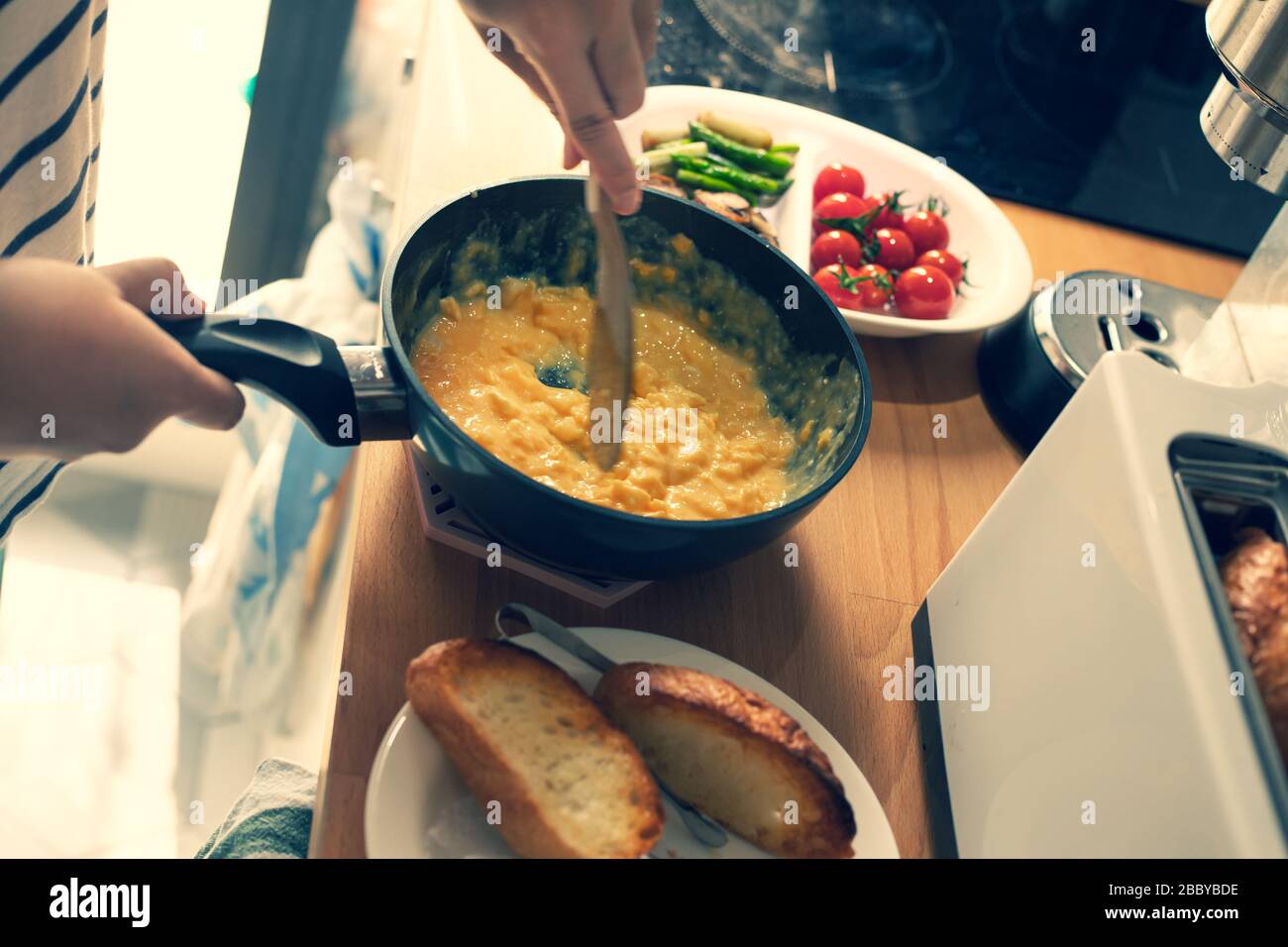 Cooking breakfast on kitchen counter bar in morning.Healthy food,simple ...
