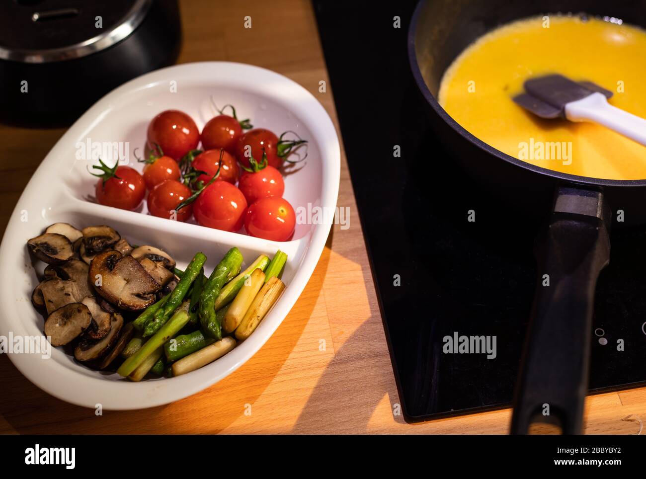 Cooking breakfast on kitchen counter bar in morning.Healthy food,simple ...