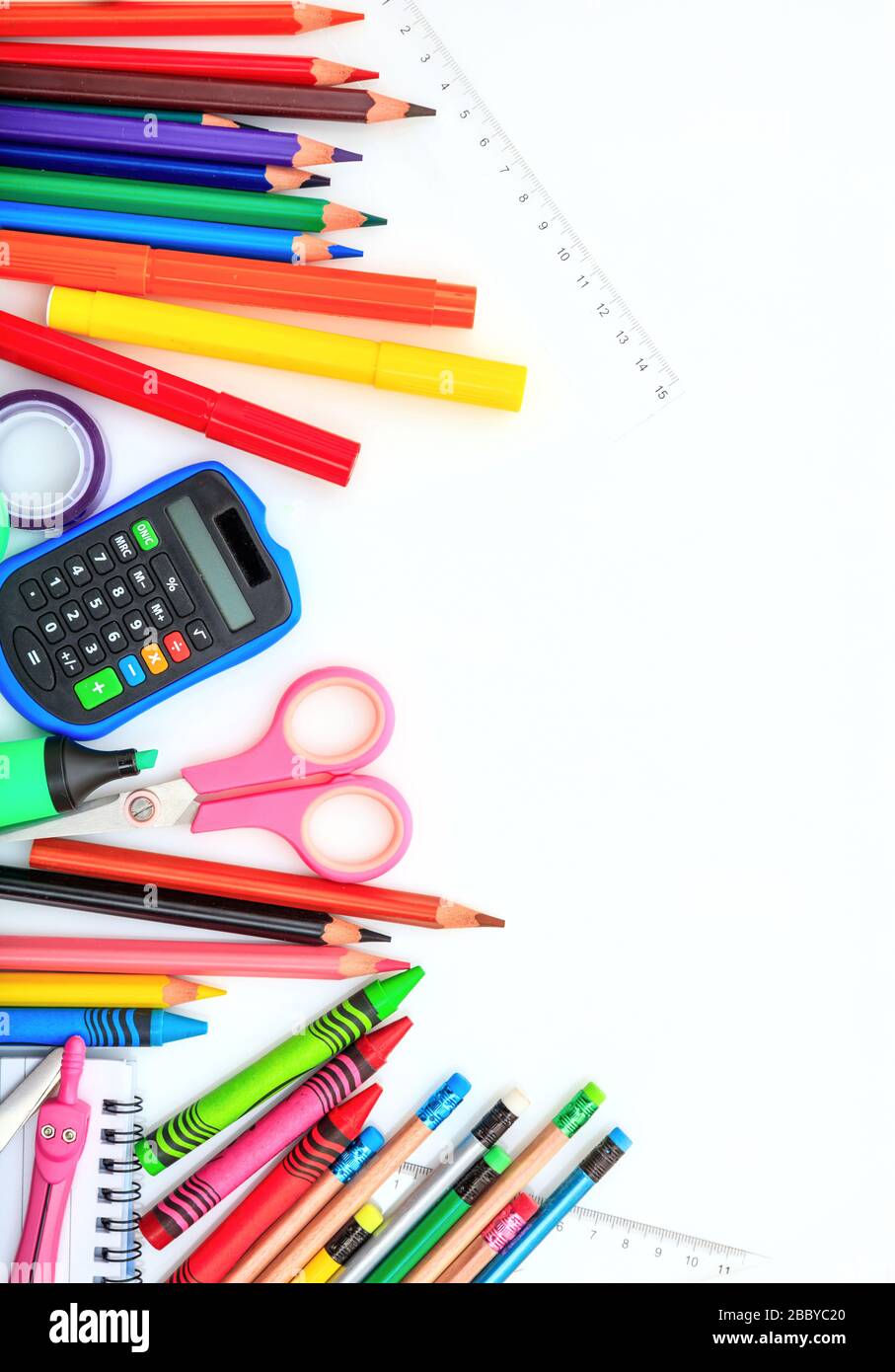 Back to school. School supplies on white background, top view. Kid ...