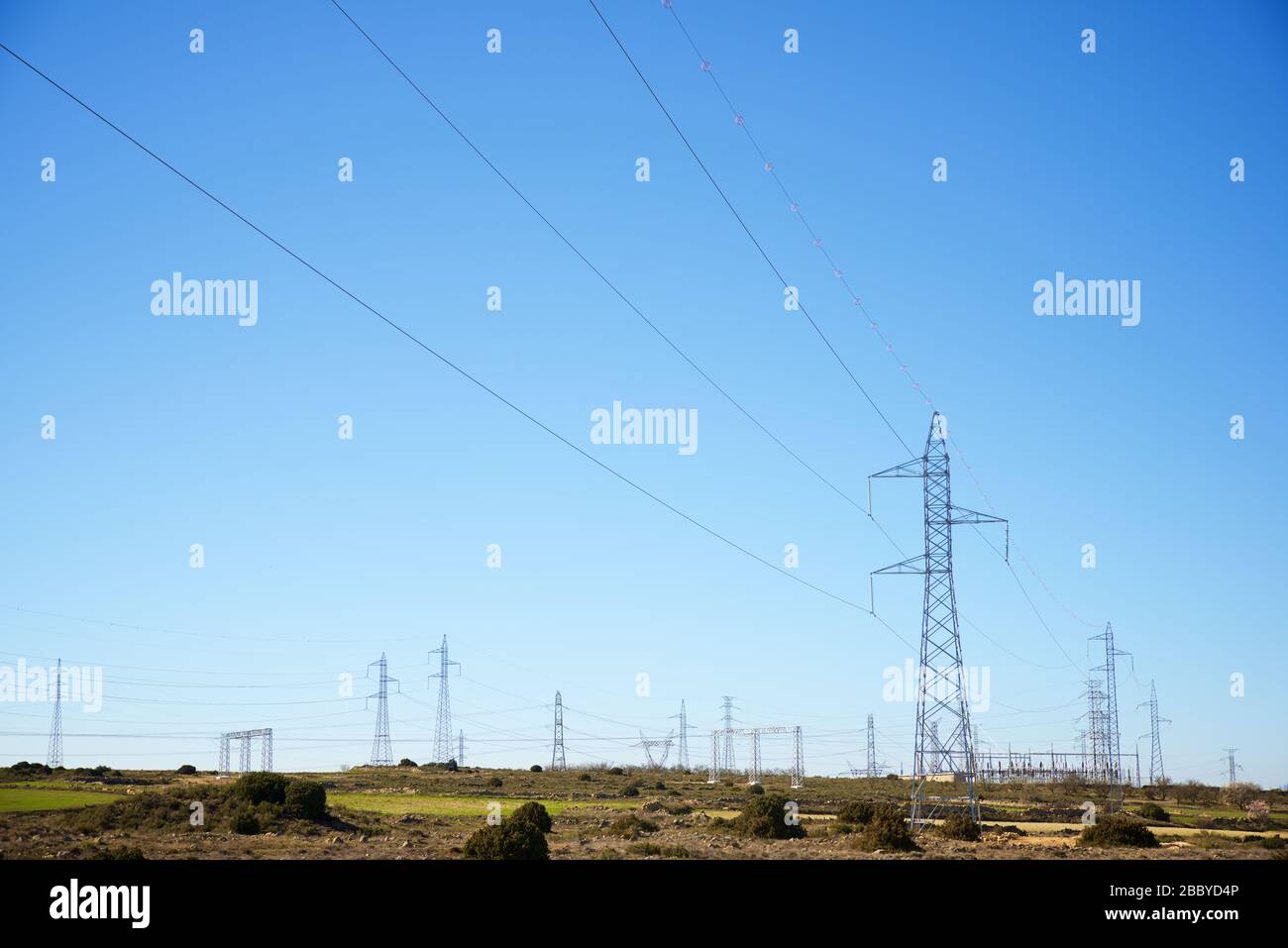 Electrical substation and power line in Zaragoza province, Aragon in ...