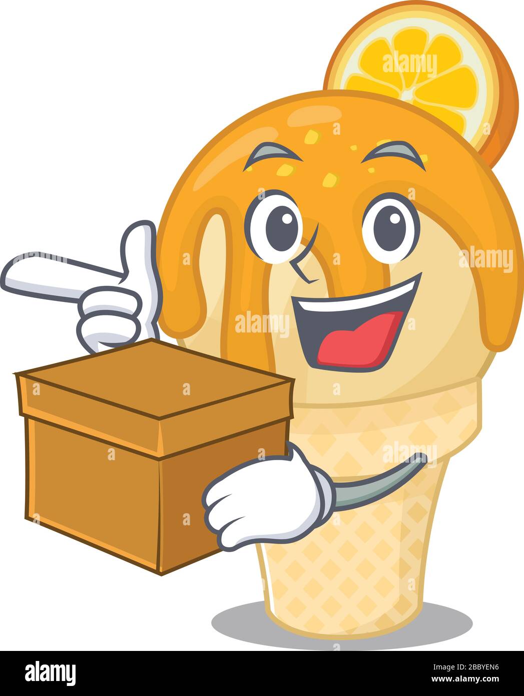 An picture of orange ice cream cartoon design concept holding a box ...