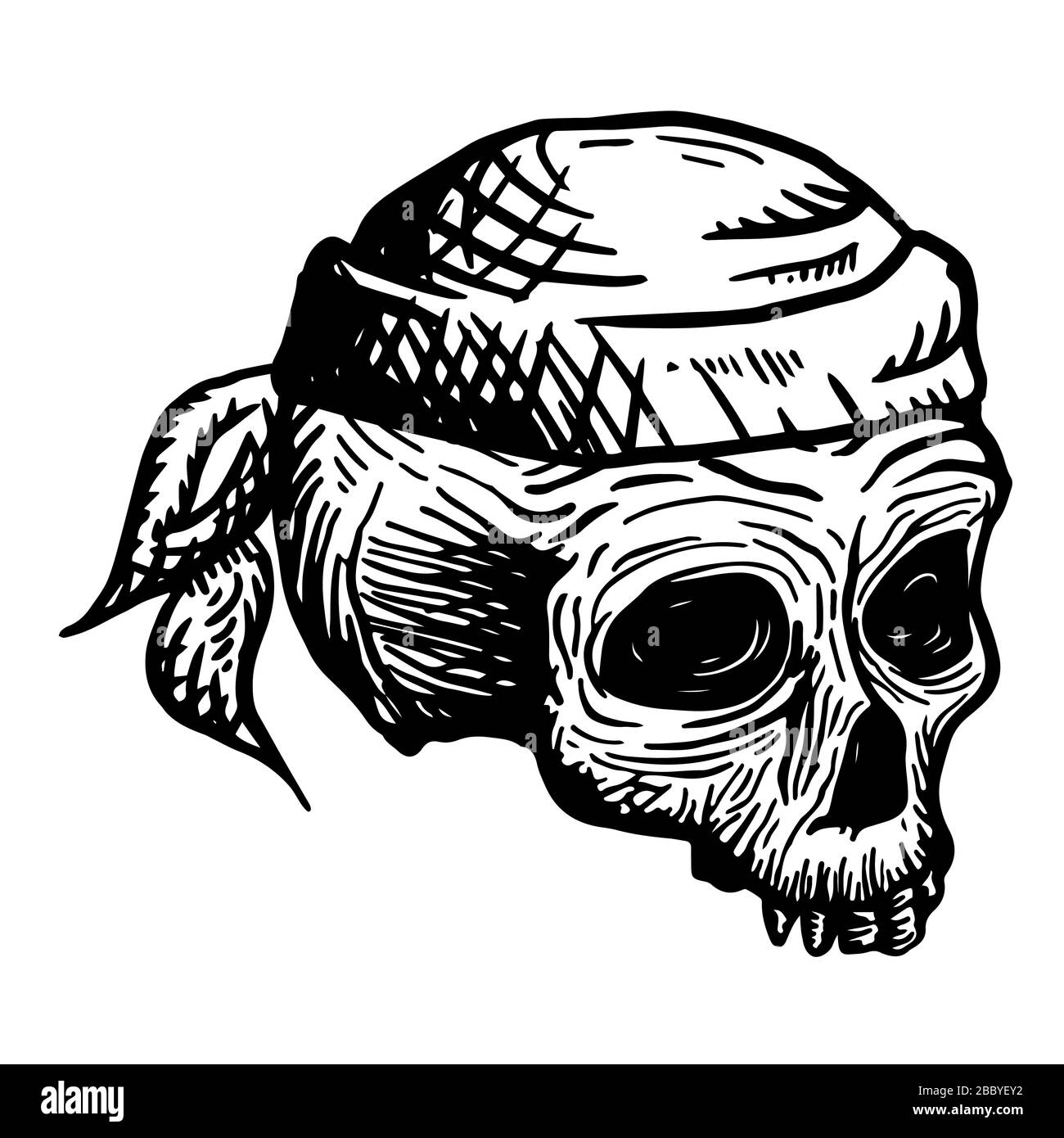 Hand drawn skull of a dead man in a bandana, on a white background ...
