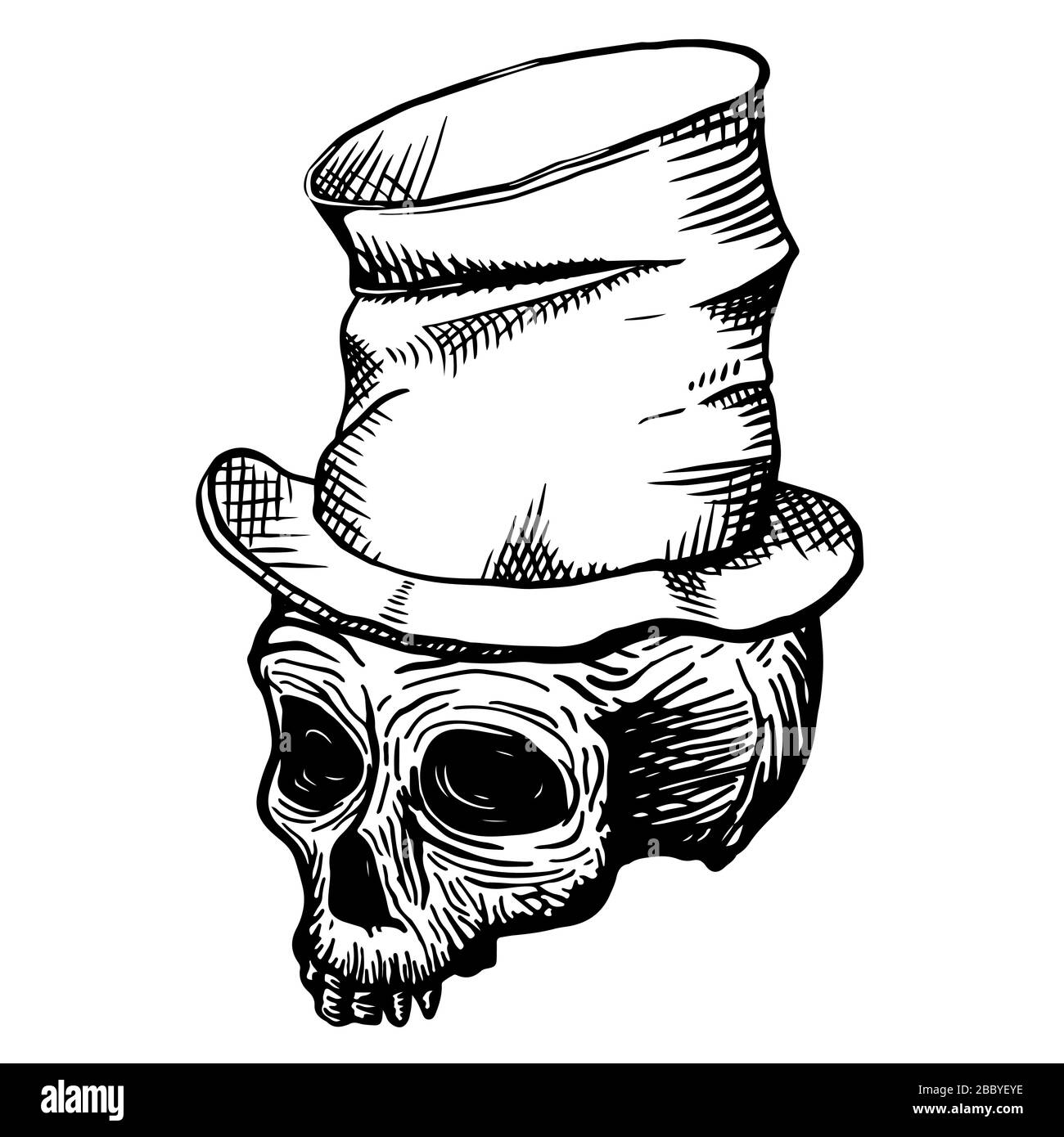 Hand drawn skull of a dead man in a crumpled top hat, on a white ...