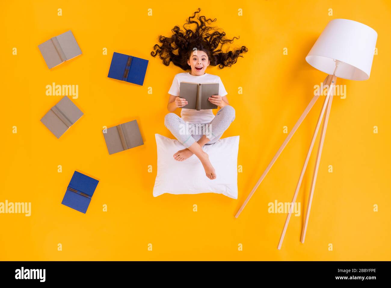 Full length high angle above flat lay view photo of little pupil lady ...