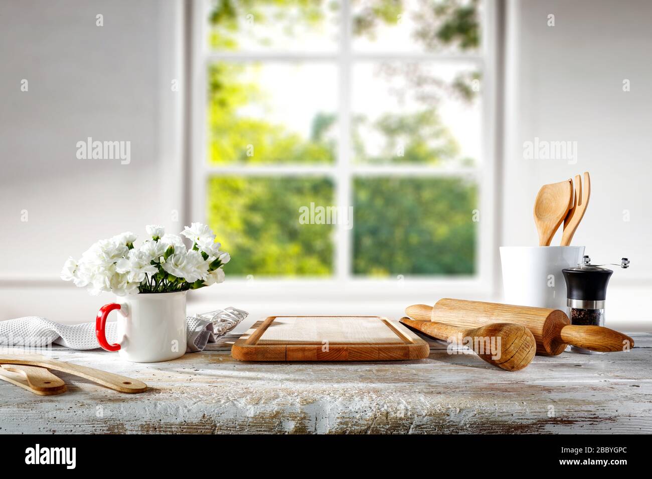 Kitchen interior and wooden table background with copy space for food ...