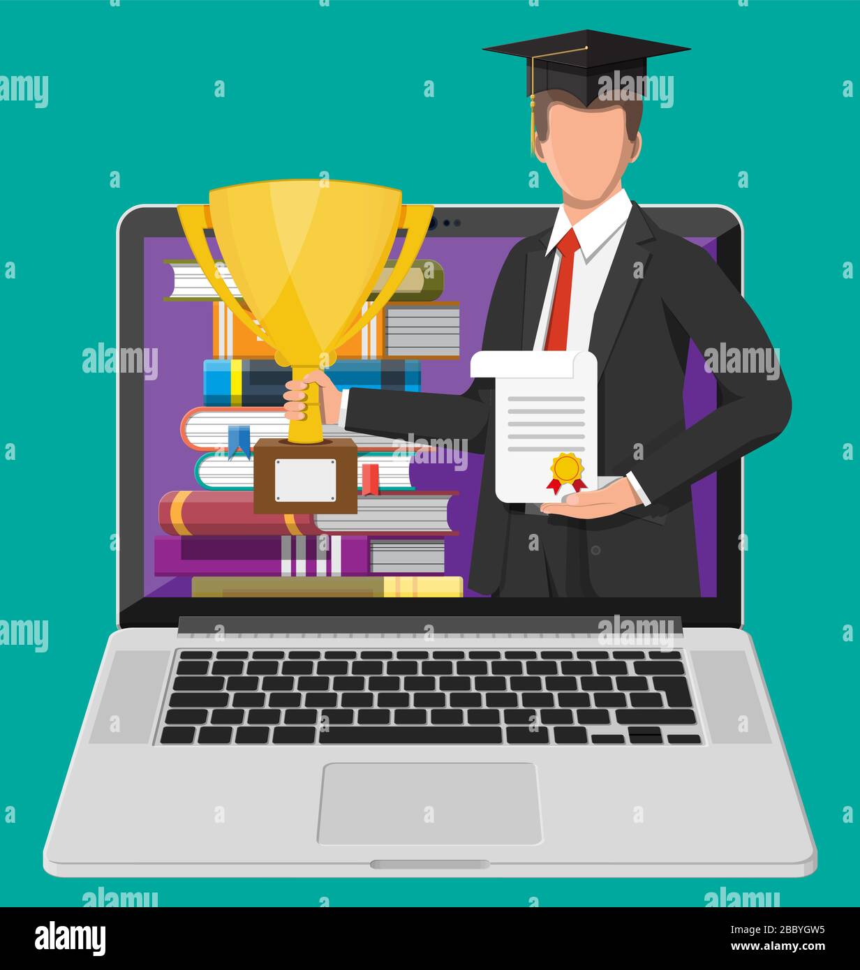 Notebook, student, stack of book. Online education concept. Distance ...