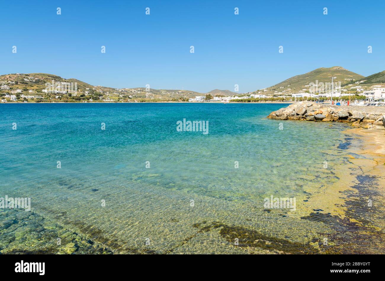 Turquoise bay in Parikia, the capital of the island of Paros. Greece ...