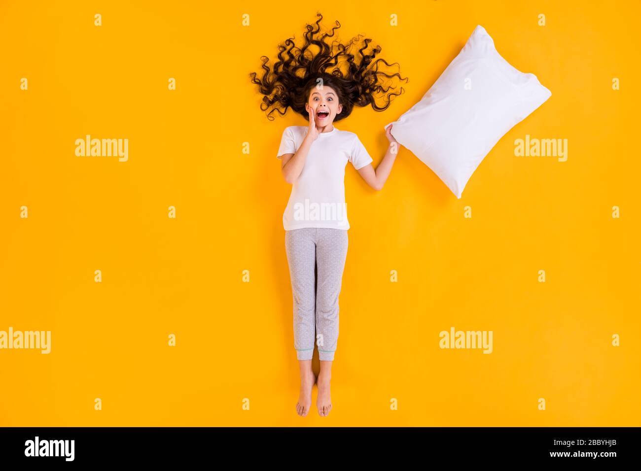 Full body high angle above flat lay view photo of beautiful little lady ...