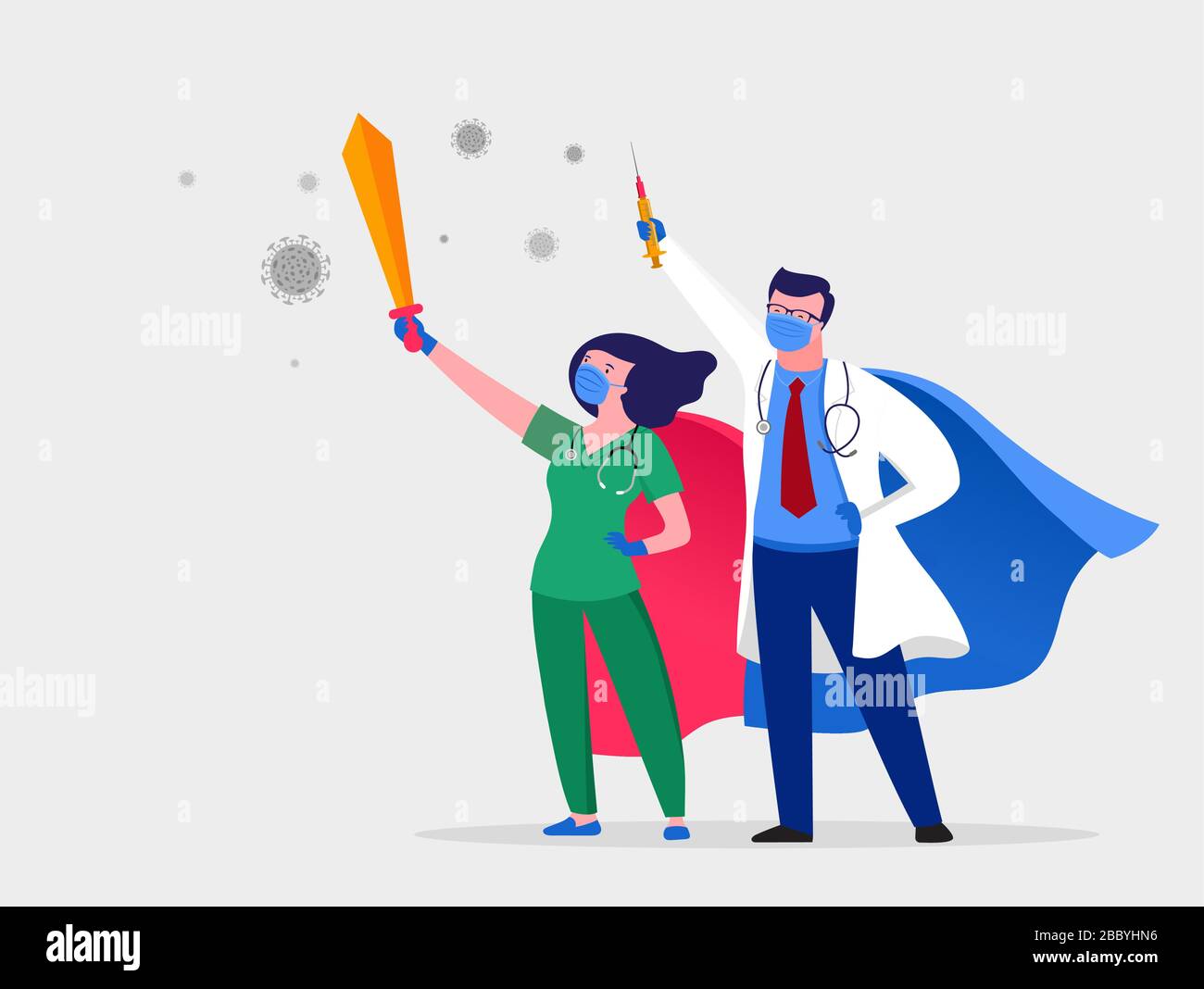 Super doctor and nurse wearing medical masks and capes, superhero ...