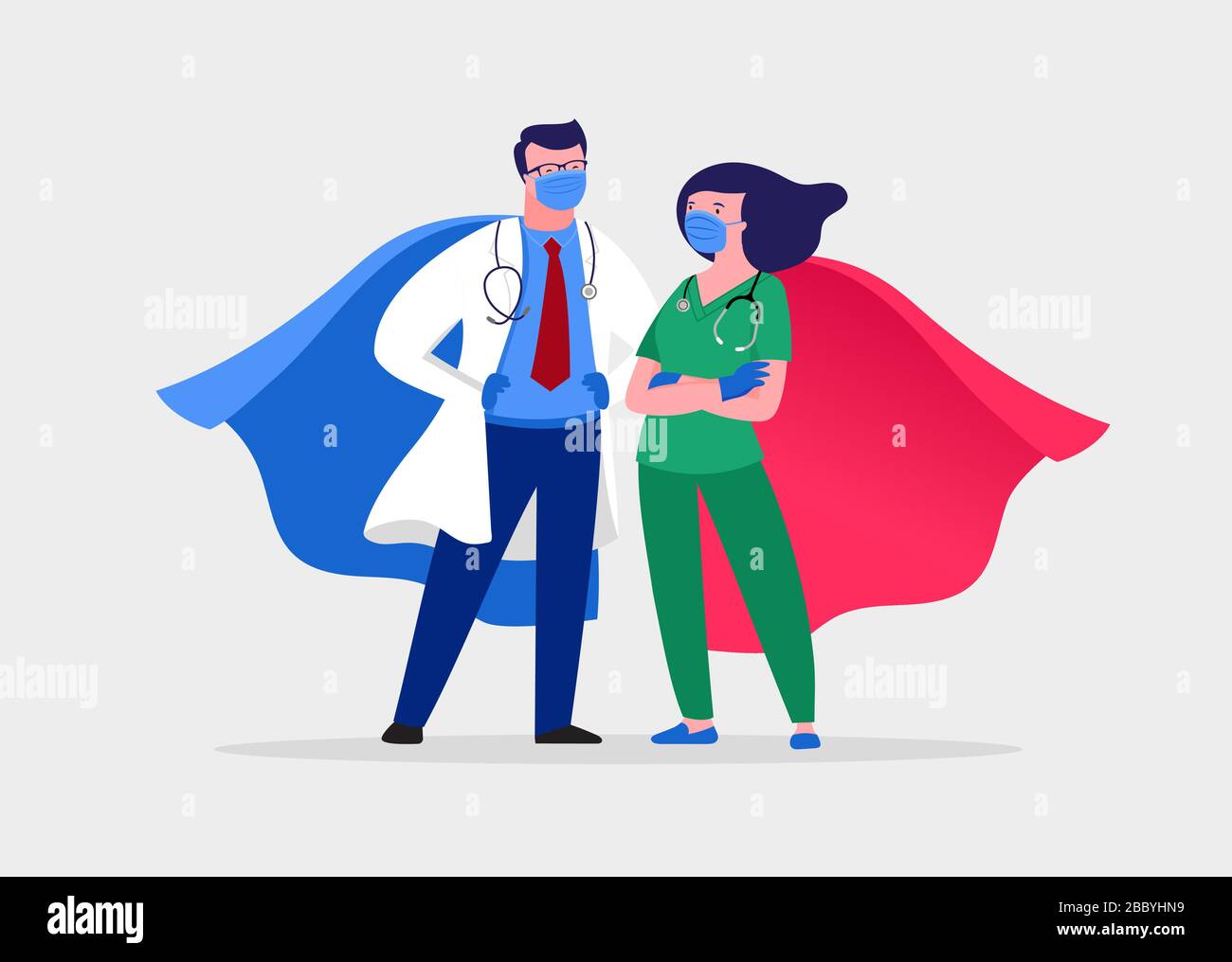 Super doctor and nurse wearing medical masks and capes, superhero ...