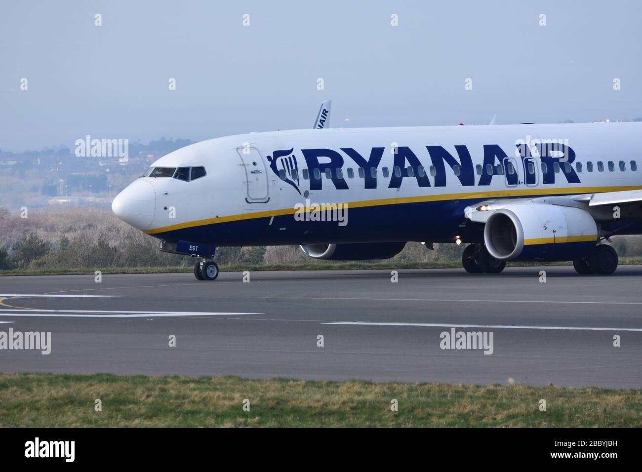A Ryanair aeroplane about to depart from Bristol International Airport ...