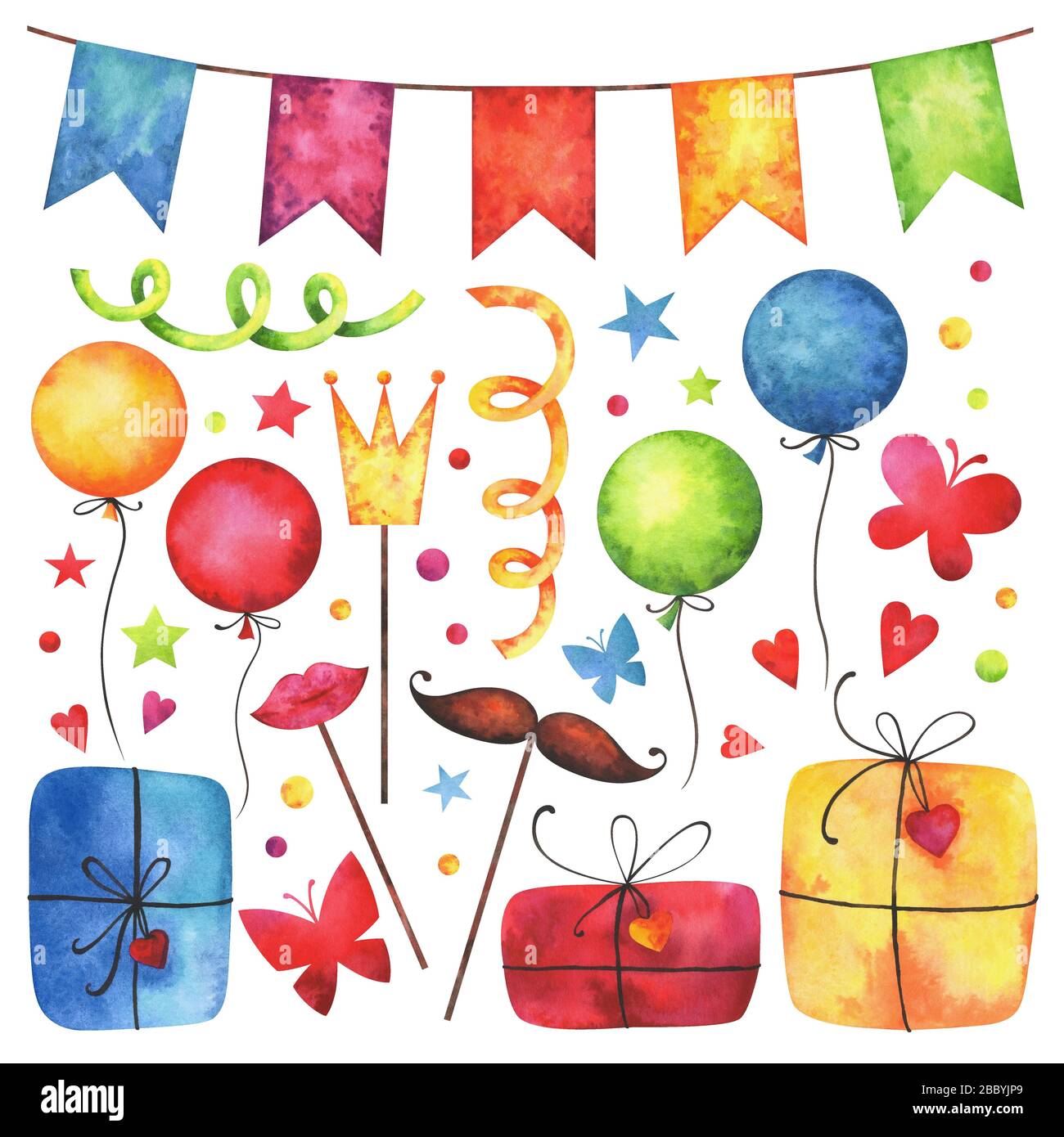 Watercolor Happy birthday party clip art set Stock Photo - Alamy