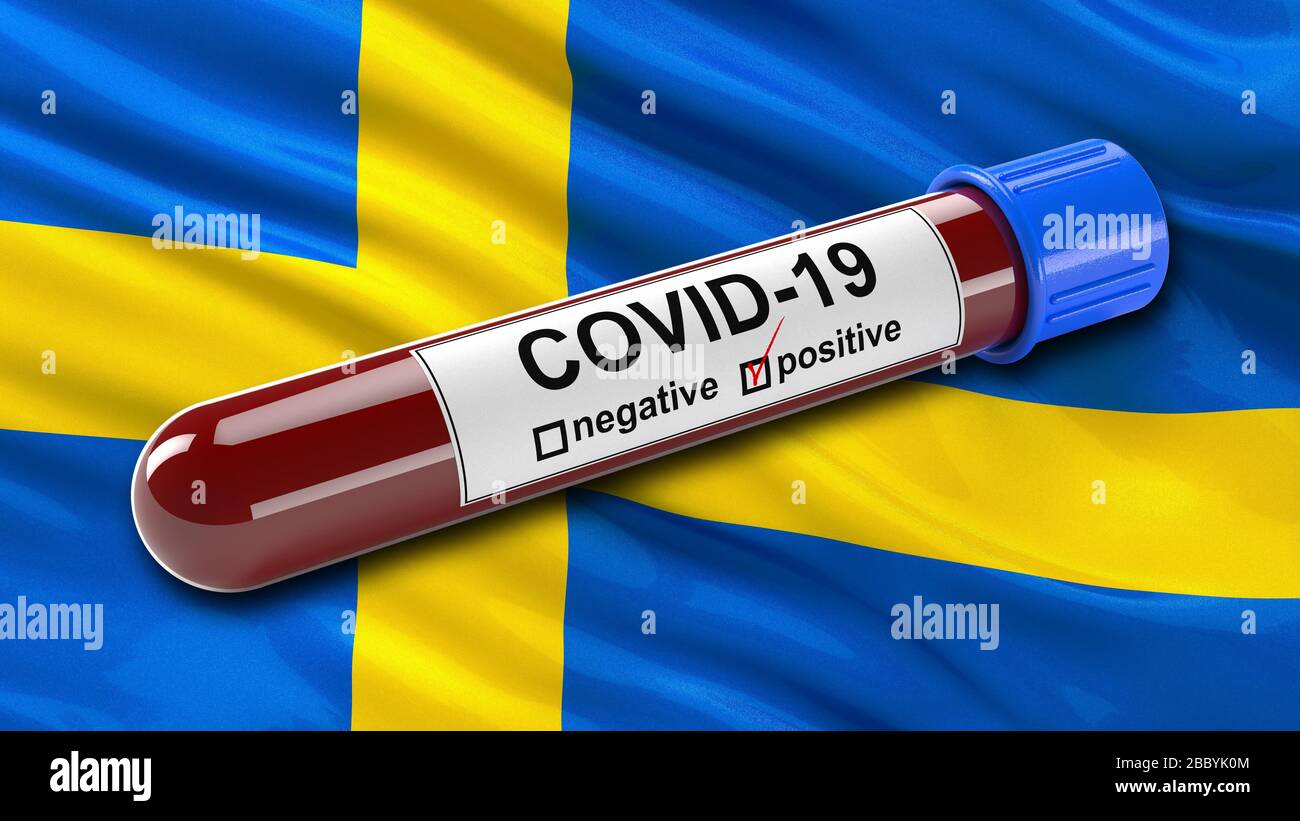 Flag of Sweden waving in the wind with a positive Covid-19 blood test ...