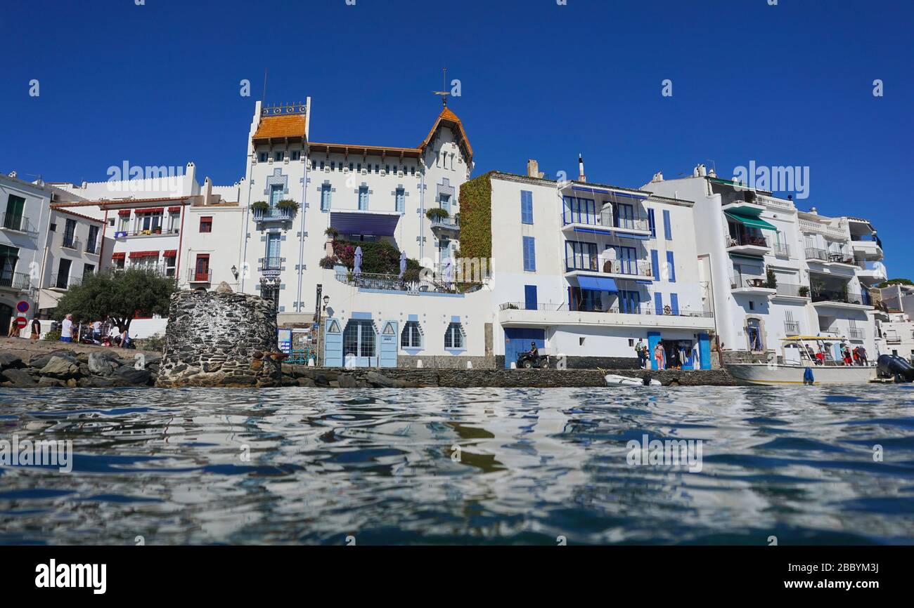 Waterfront houses in the Mediterranean village of Cadaques seen from ...