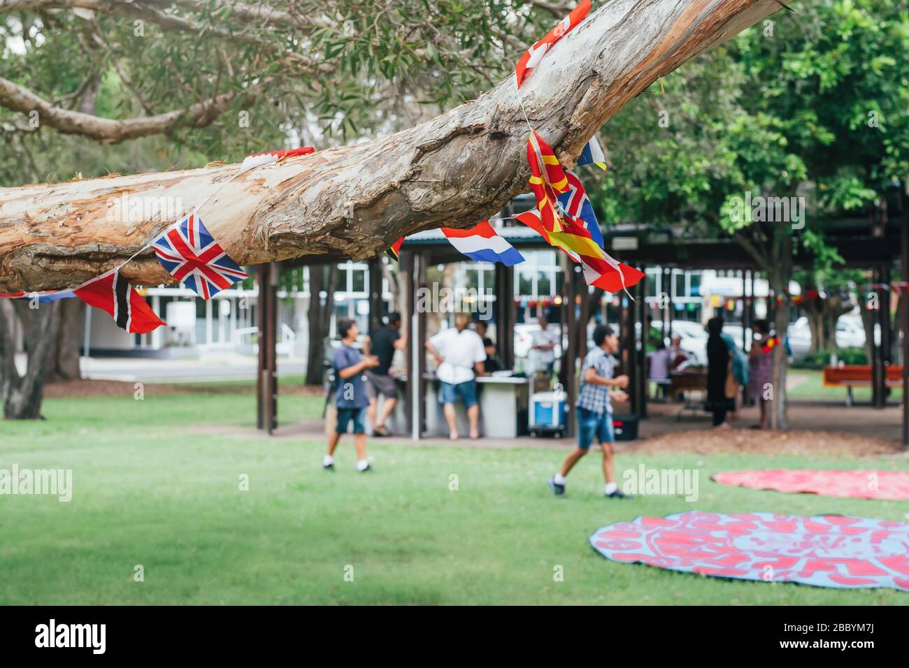 Flags of different countries in the tree branch with blured people in ...