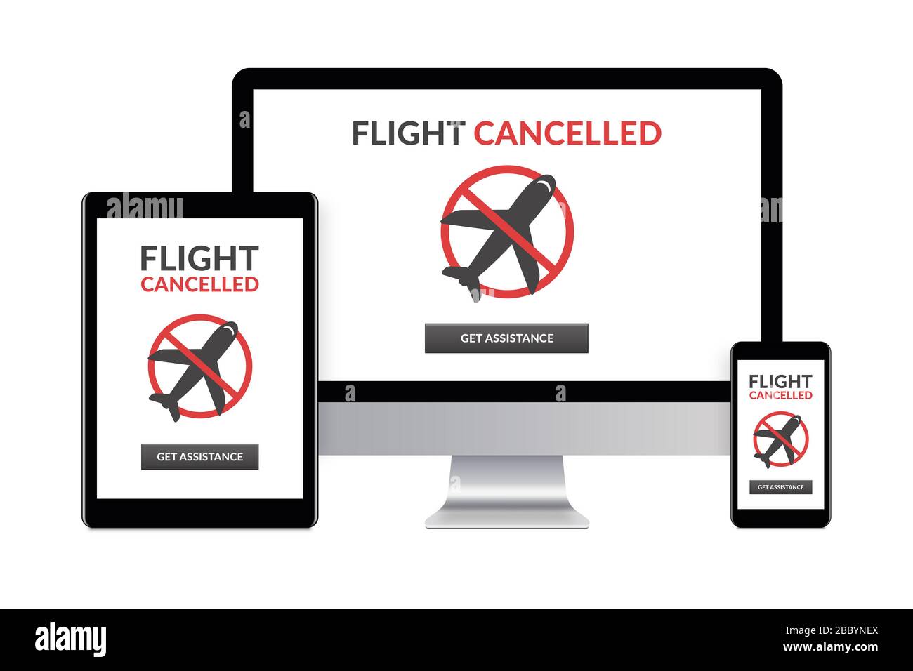 Desktop computer, tablet and smartphone isolated on white with flight ...