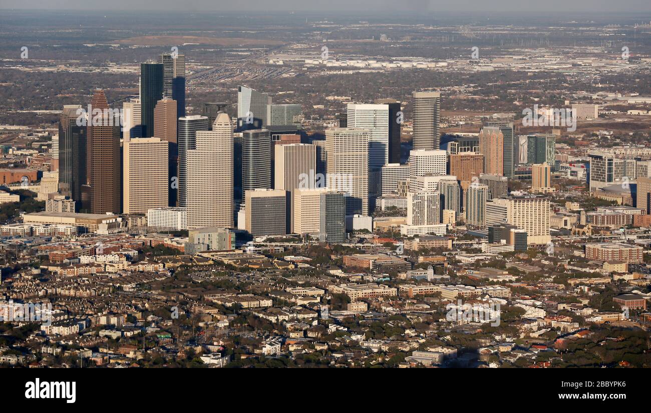 Downtown Houston is visible during the flyover of a U.S. Customs and ...