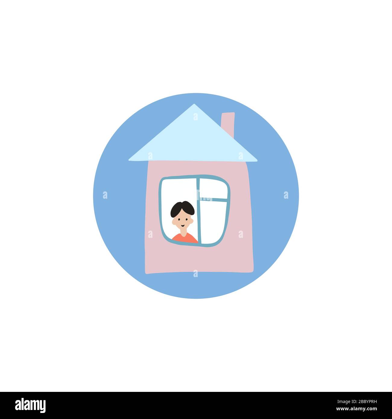 stay at home icon, a young man is in his house and looks out the window ...