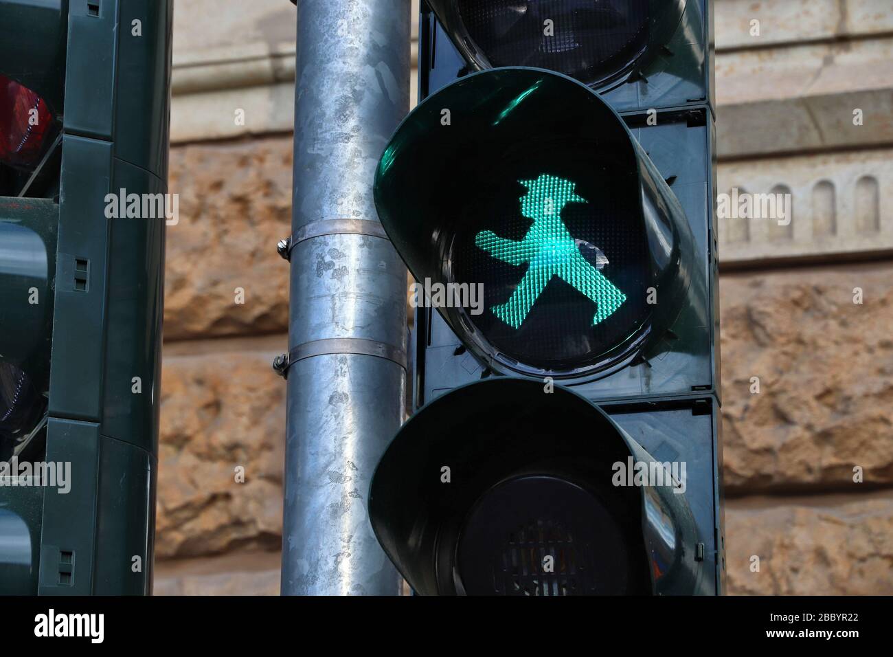 German traffic light - pedestrian green light. Typical pedestrian ...