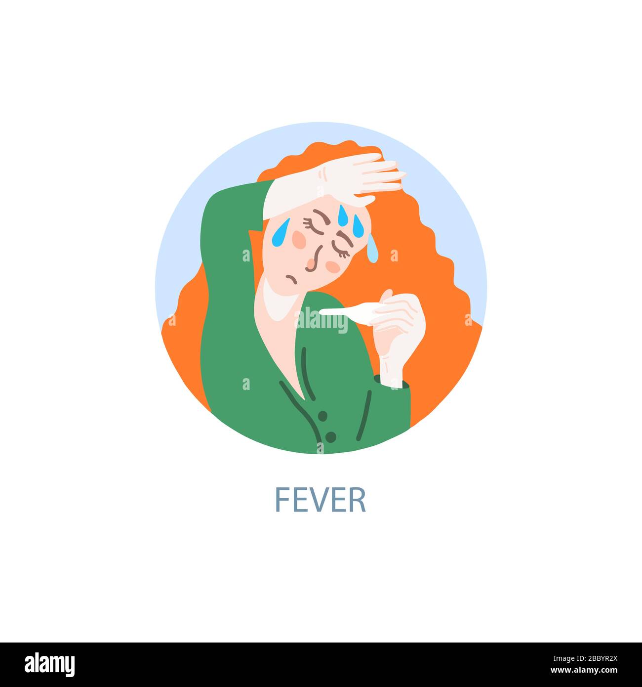 fever - symptom of coronavirus, hand drawing icon, sick girl with red ...