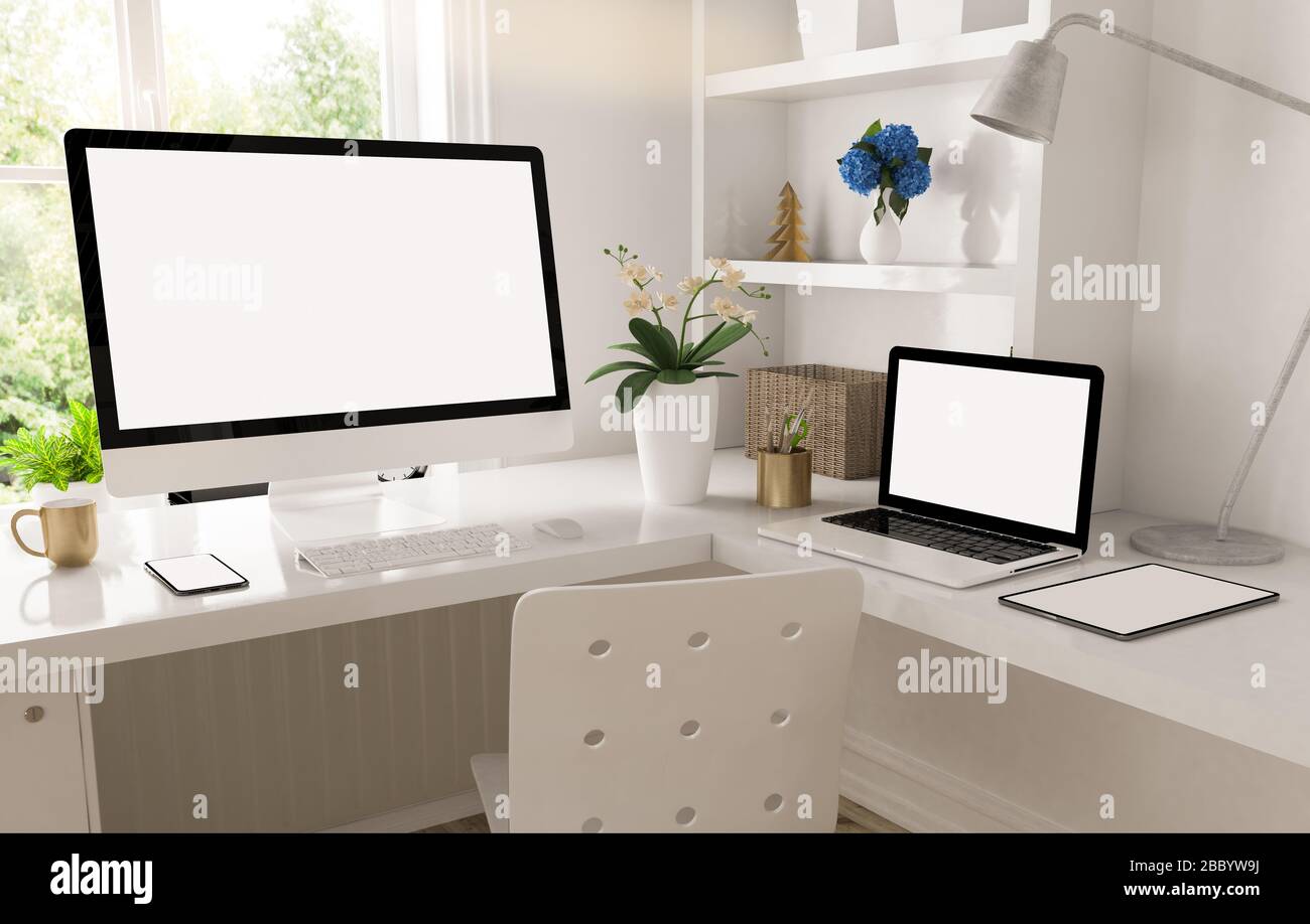 work from home concept: responsive devices on desktop 3d rendering ...