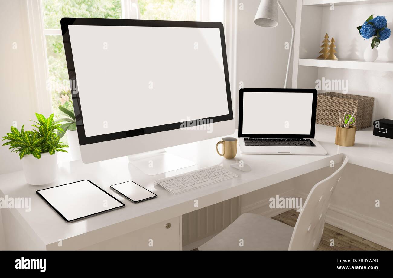 home office desktop 3d rendering Stock Photo - Alamy