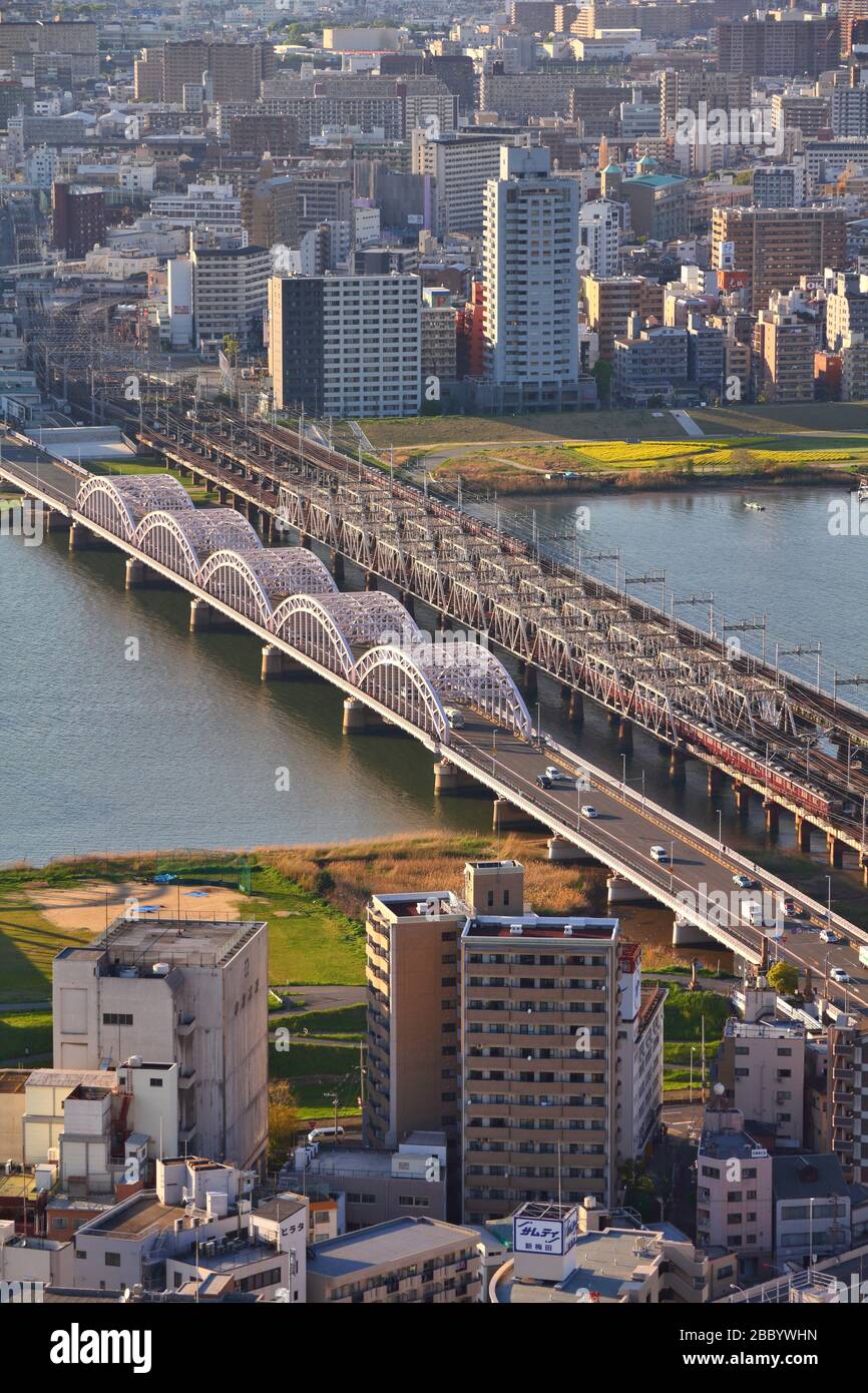 OSAKA, JAPAN - APRIL 27, 2012: Cityscape view in Osaka, Japan. Osaka is ...