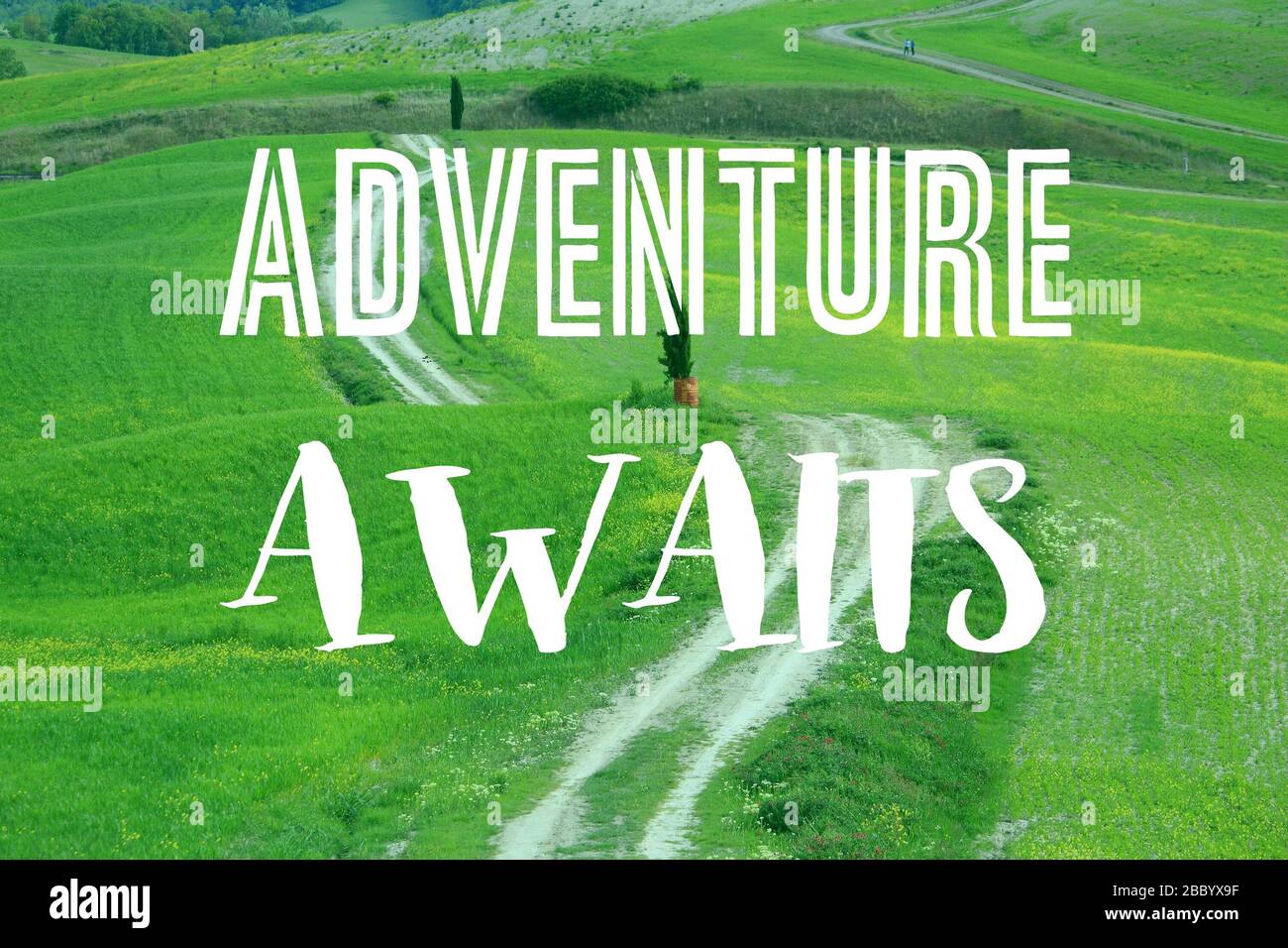 Adventure awaits - social media travel motivational poster Stock Photo ...