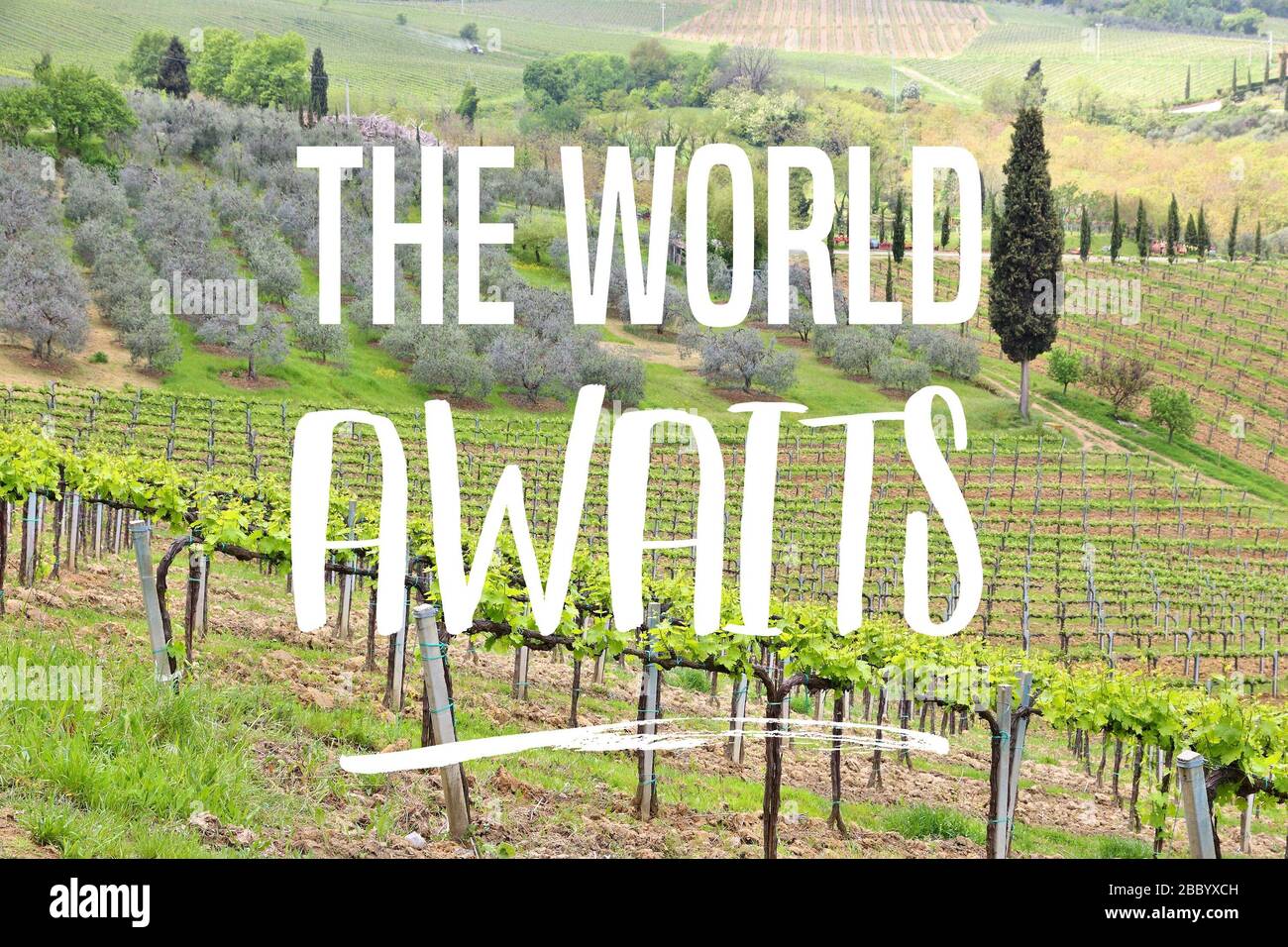 The world awaits - wanderlust adventure motivational poster sign Stock ...