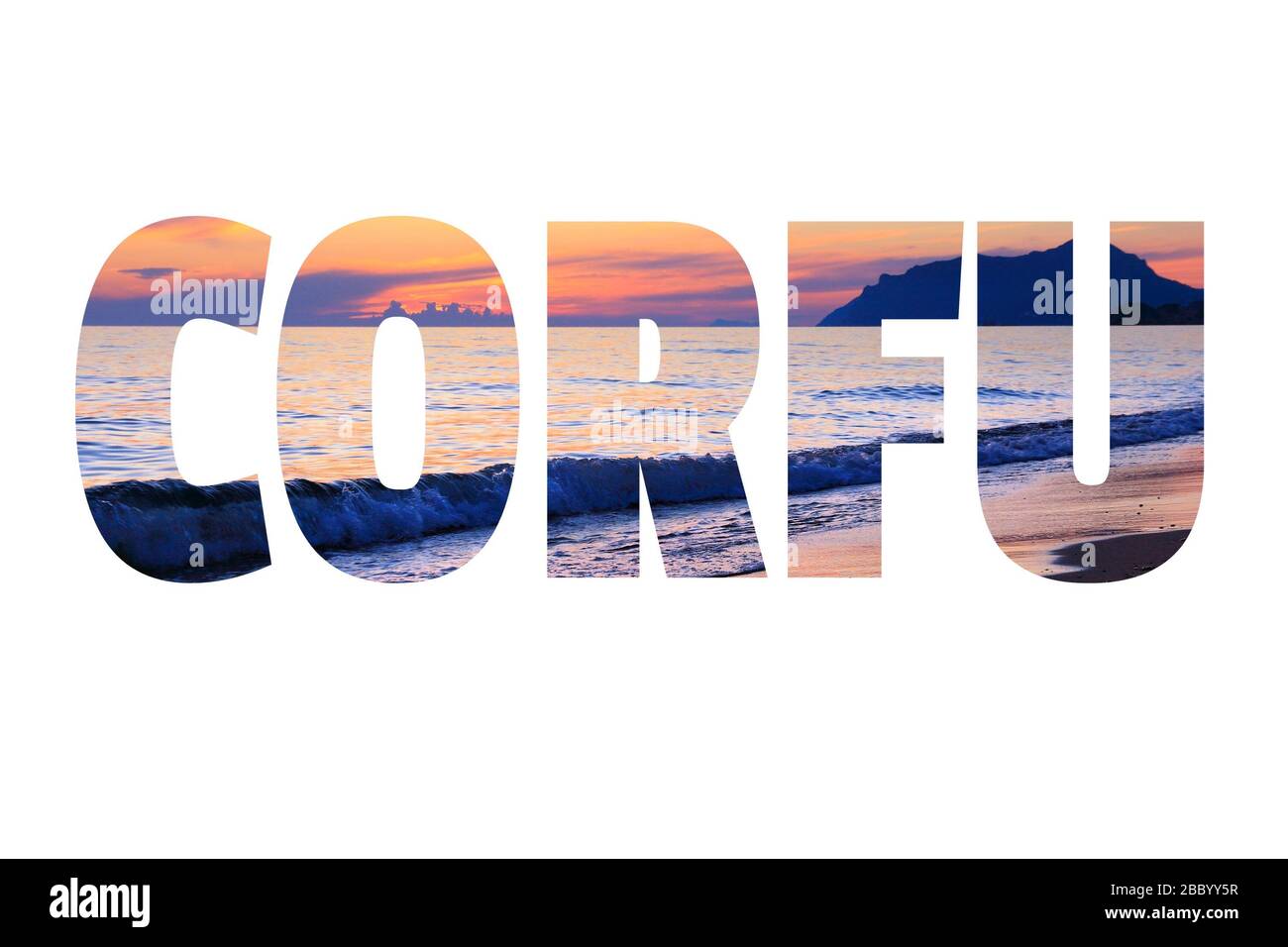 Corfu text sign - Greek island name with background travel postcard ...