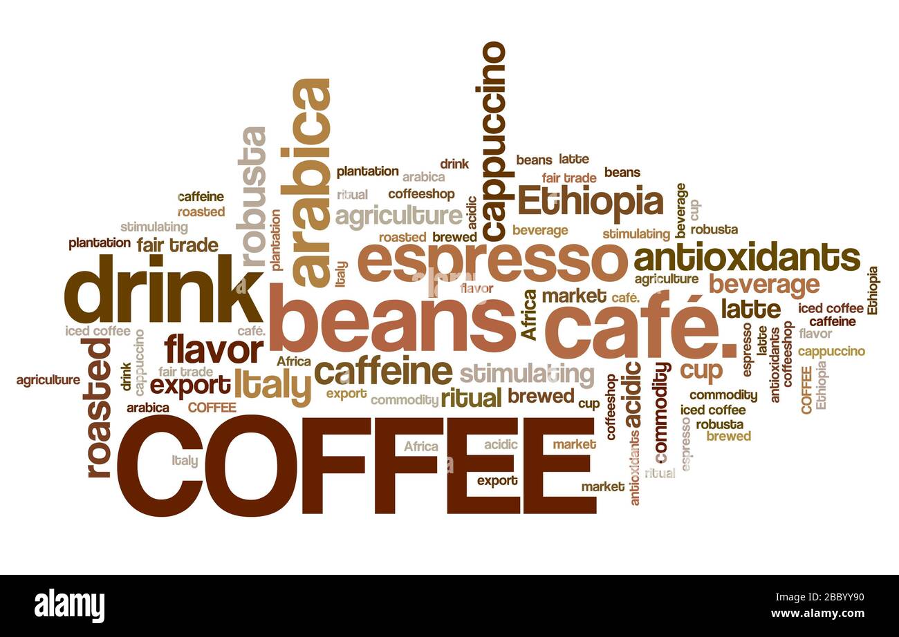Coffee word collage illustration. Cafe tag cloud Stock Photo - Alamy