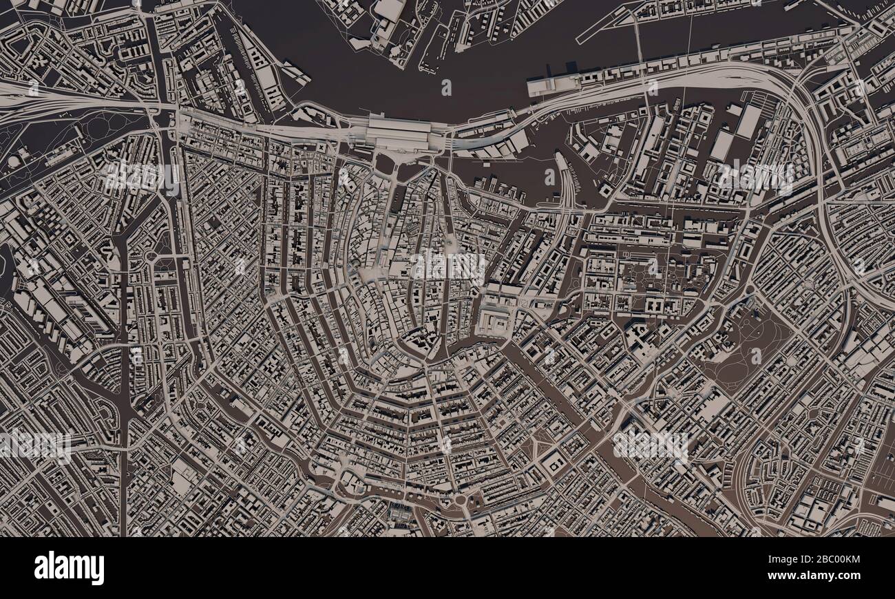 Amsterdam, Netherlands city map 3D Rendering. Aerial satellite view ...