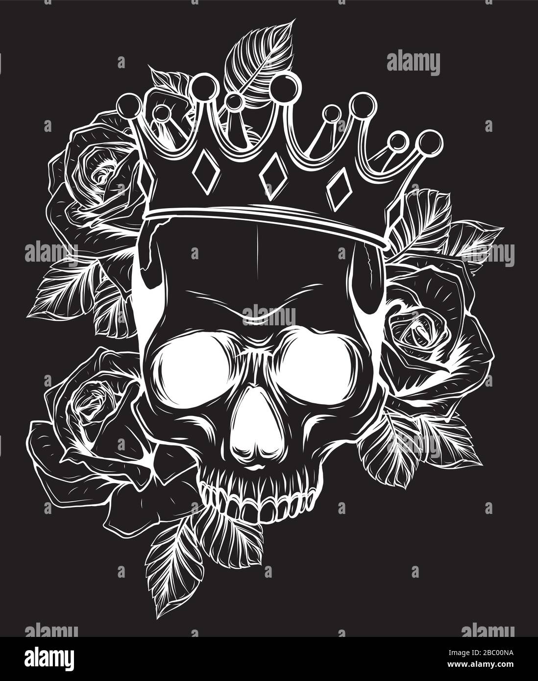 Vector illustration human death skull in crown with roses in black ...