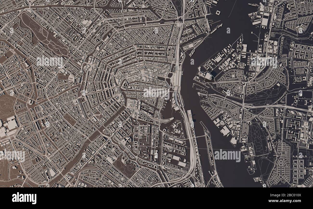 Amsterdam, Netherlands city map 3D Rendering. Aerial satellite view ...