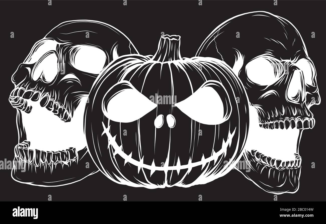 halloween poster with Pumpkin and punk skulls in black background Stock ...
