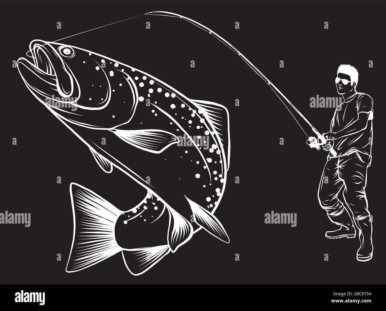 Fisherman catches fish vector in black background Stock Vector Image ...