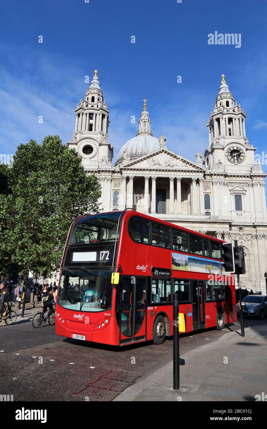 LONDON, UK - JULY 8, 2016: People ride New Routemaster bus at Ludgate ...