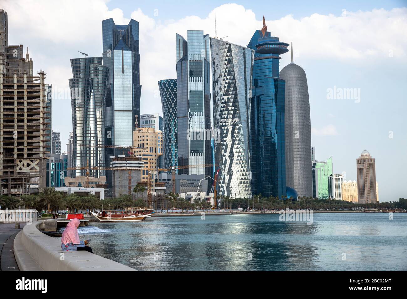 Doha, Qatar - Nov 21. 2019. Cornishe Tourist Quay and West Bay Business ...