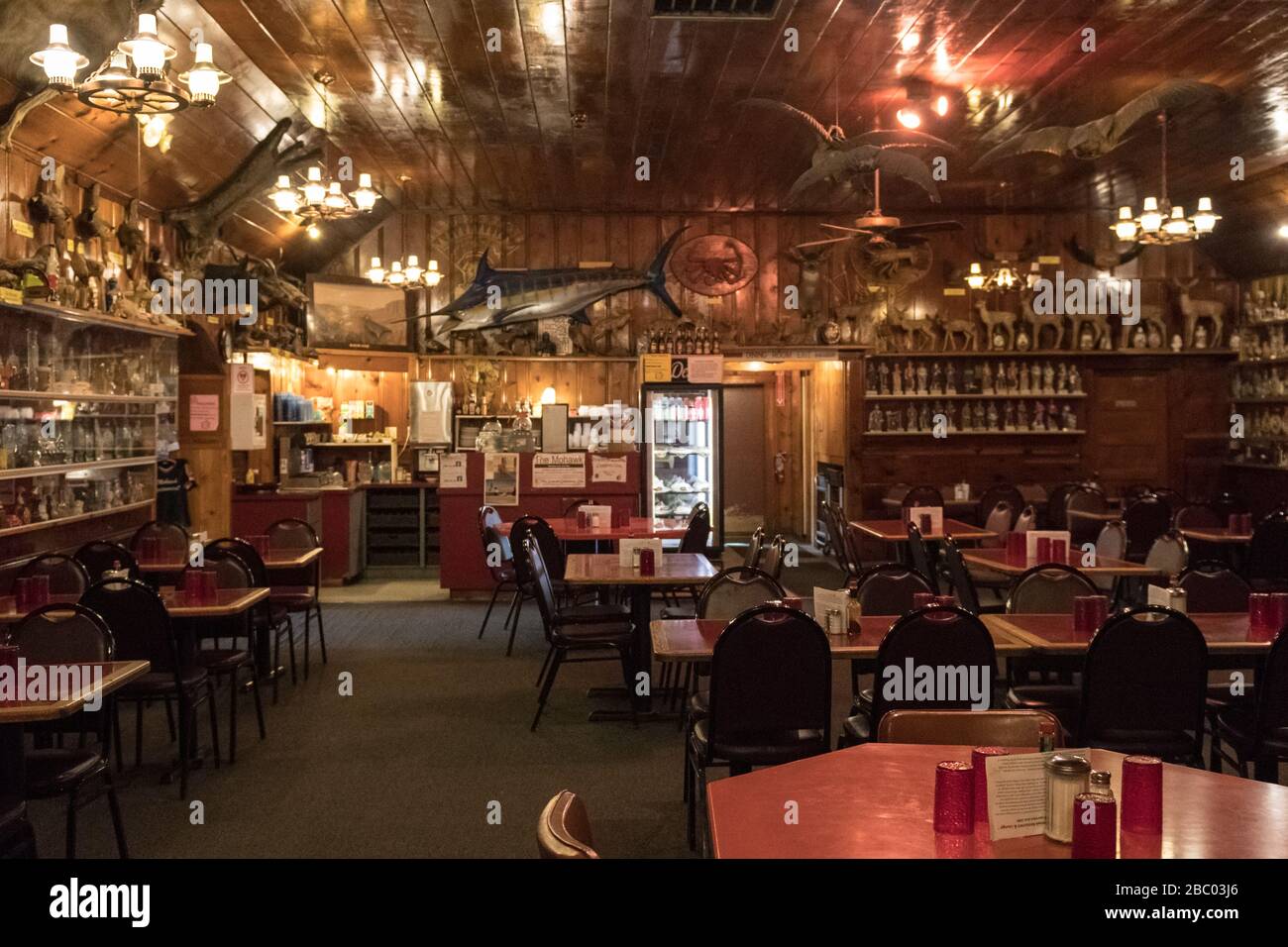 Detail of the Mohawk Restaurant interior decorated with several stuffed ...